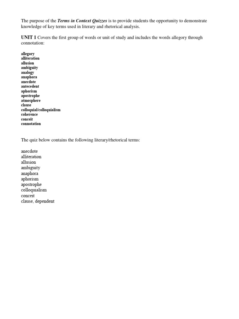 Literary Terms Context Quiz | PDF