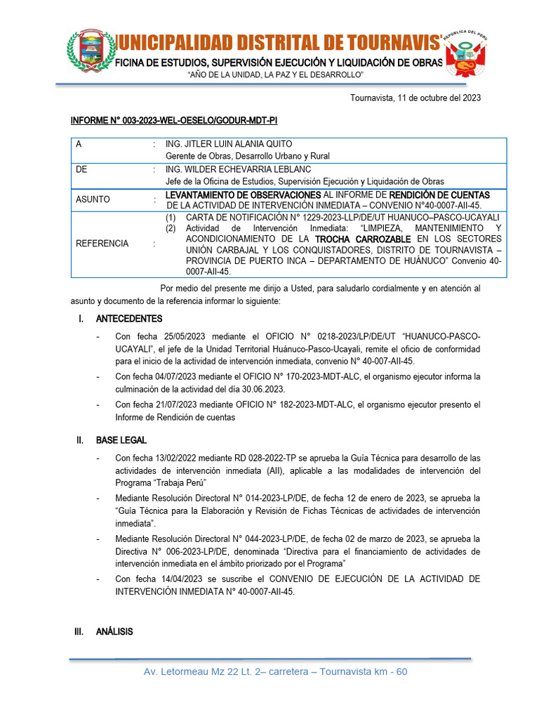 Informe #003-2023-Wel-Oeselo-Godur-Mdt-Pi Levantamientos Observaciones de Lurawi | PDF