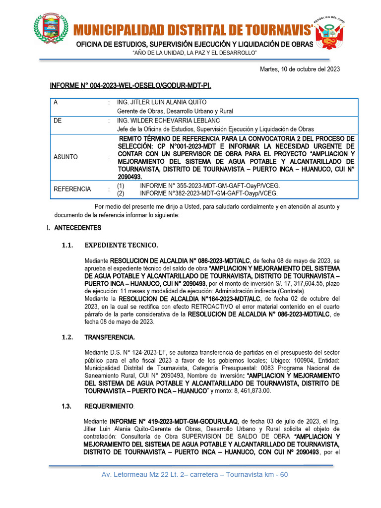Municipalidad Distrital de Tournavista: Oficina de Estudios, Supervisión Ejecución Y Liquidación ...