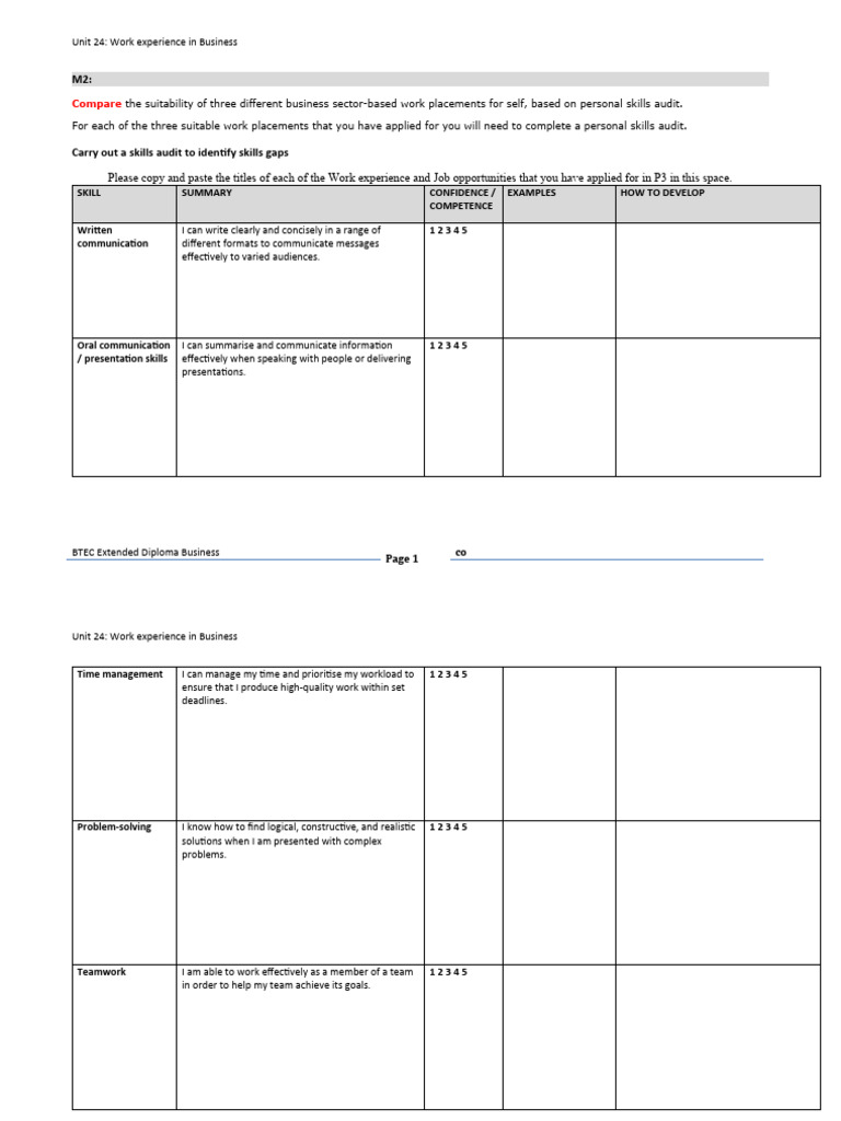 Skills Audit M2 - D2 Reflective Essay Template Co | PDF | Internship ...