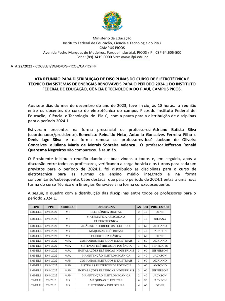 Ata de Distribuição Das Disciplinas | PDF | Engenharia Elétrica ...