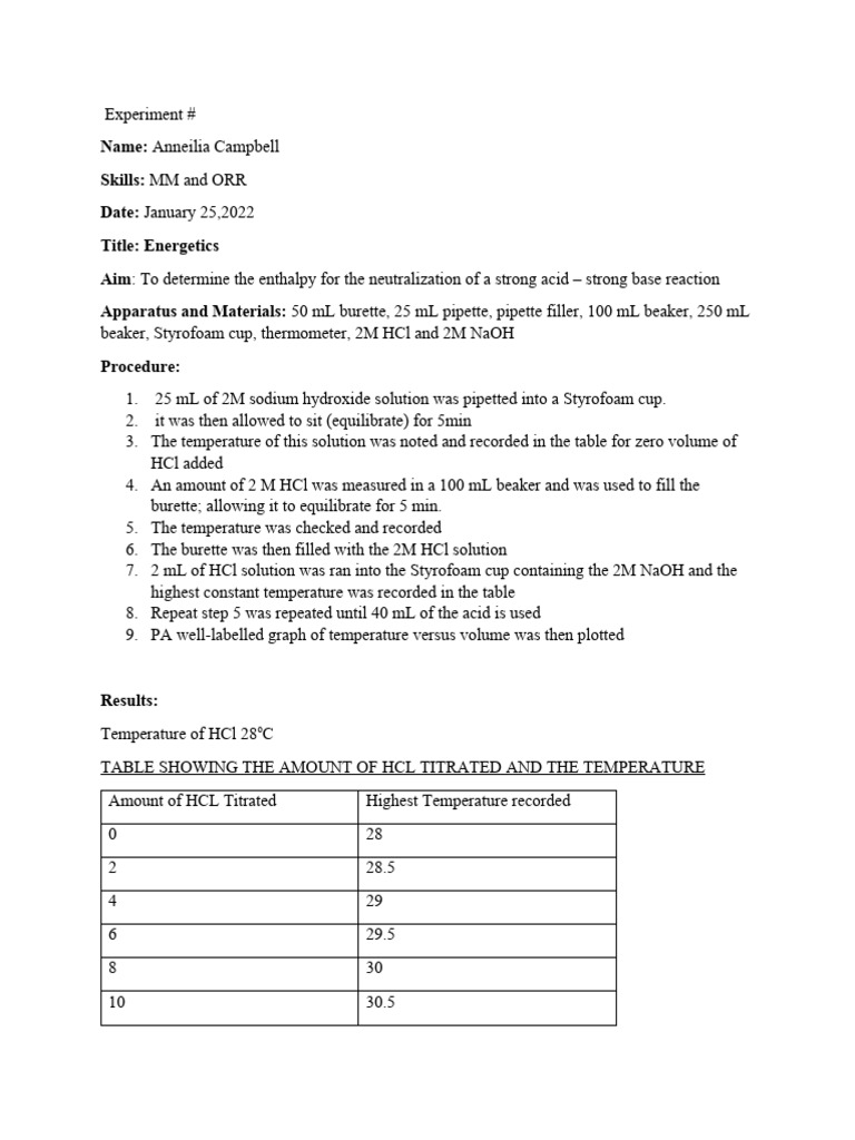 Enthalpy of Neutralization Lab | PDF | Enthalpy | Physical Chemistry