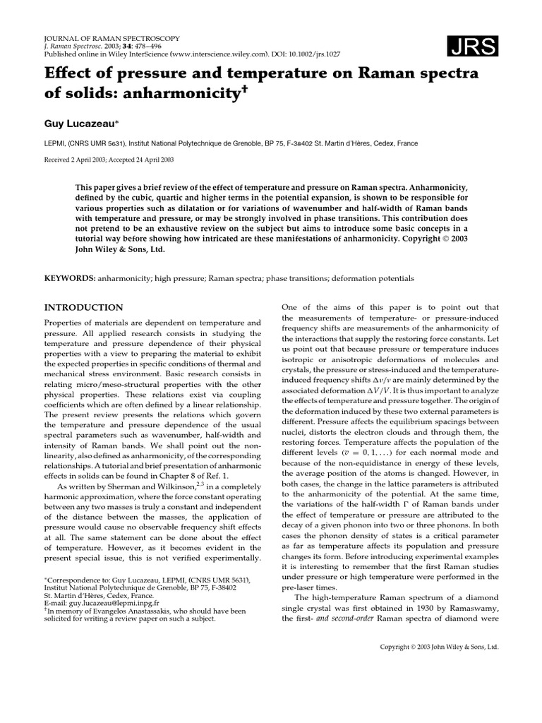 J Raman Spectroscopy - 2003 - Lucazeau - Effect of Pressure and ...