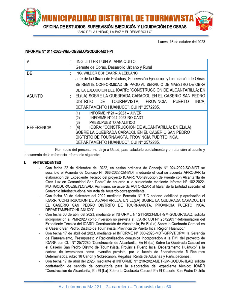 Informe #011-2023-Wel-Oeselo-Godur-Mdt-Pi Se Remite Conformidad de Pago Al Servicio de Maestro ...