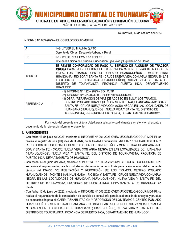 Informe #009-2023-Wel-Oeselo-Godur-Mdt-Pi Se Remite Conformidad de Pago Al Servicio de Alquiler ...