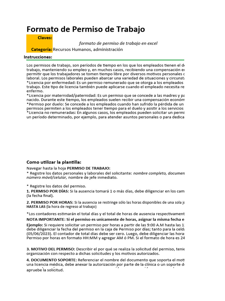Formato de Permiso de Trabajo en Excel | PDF | Gestión de recursos humanos