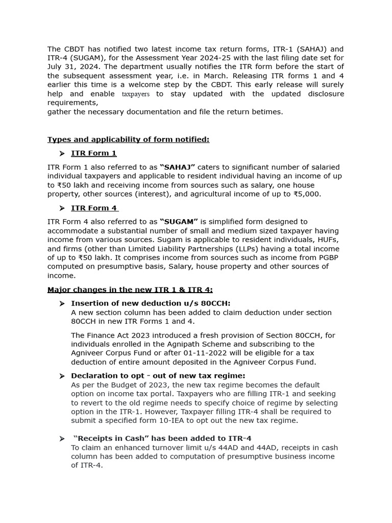 ITR Forms 1 & 4 Updates for 2024-25 | PDF | Money | Government