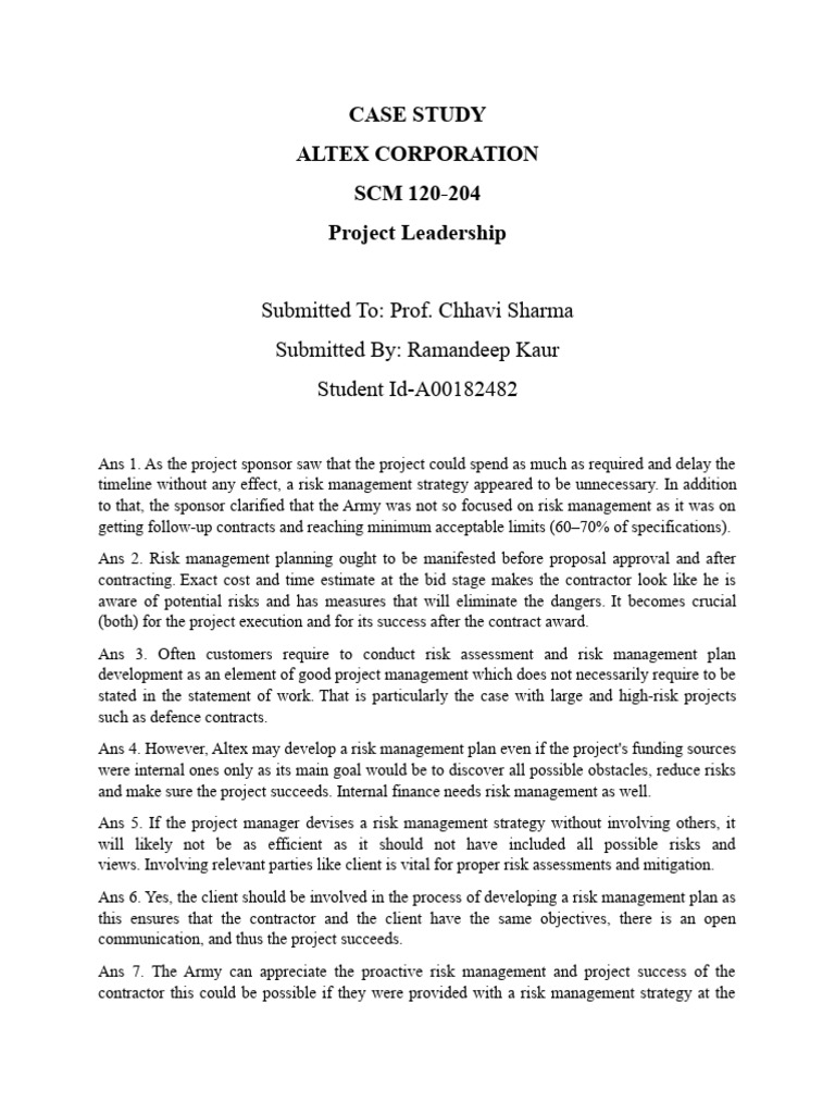 Altex Corporation Risk Management Case Study | PDF | Risk Management | Risk