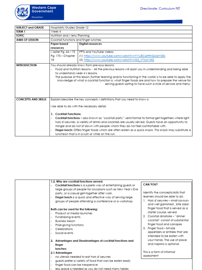 Hospitality Studies Grade 12 T1 W4 - 2021 | PDF | Hors D'oeuvre | Cooking
