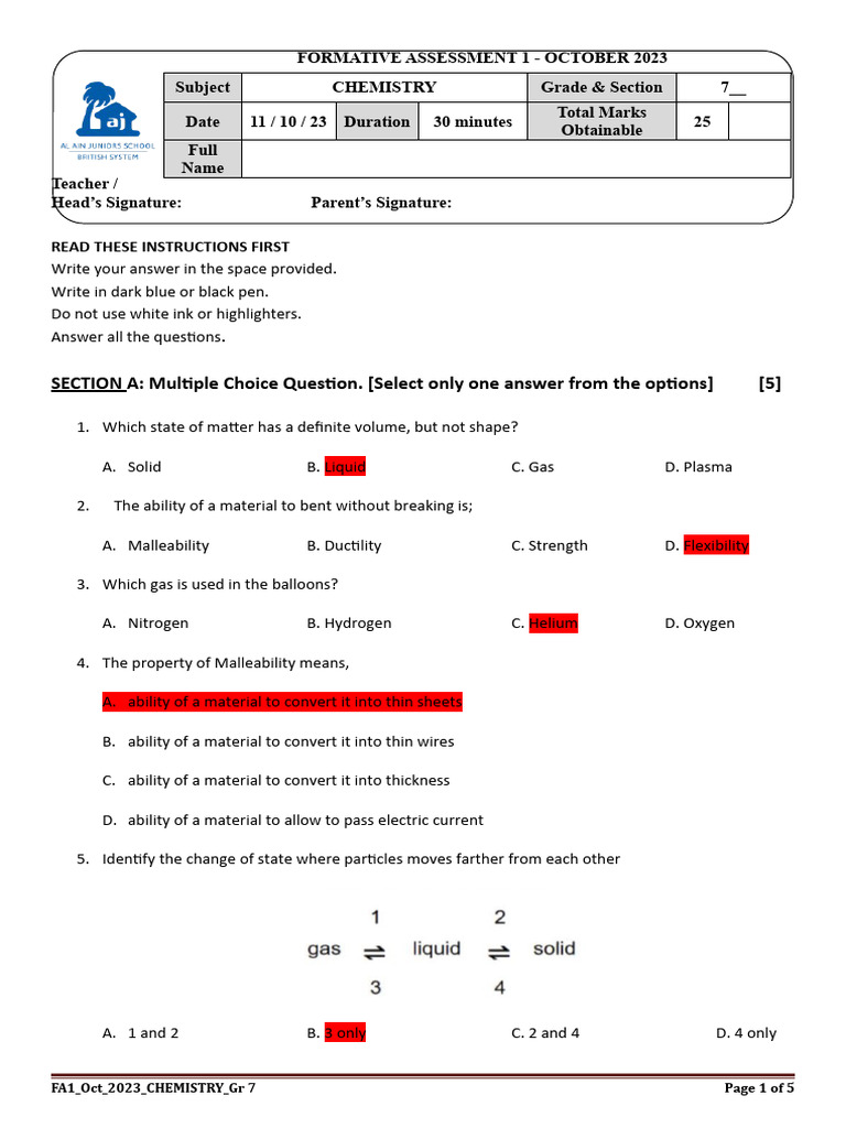 Grade 7 Chemistry Formative Assessment | PDF | Evaporation | Boiling