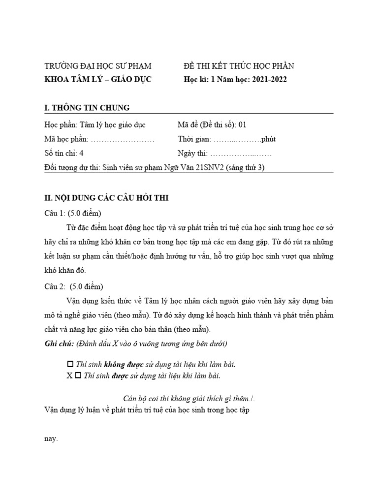 Đề Thi Và Hướng Dẫn TLHGD Lớp SNV2 S3 | PDF