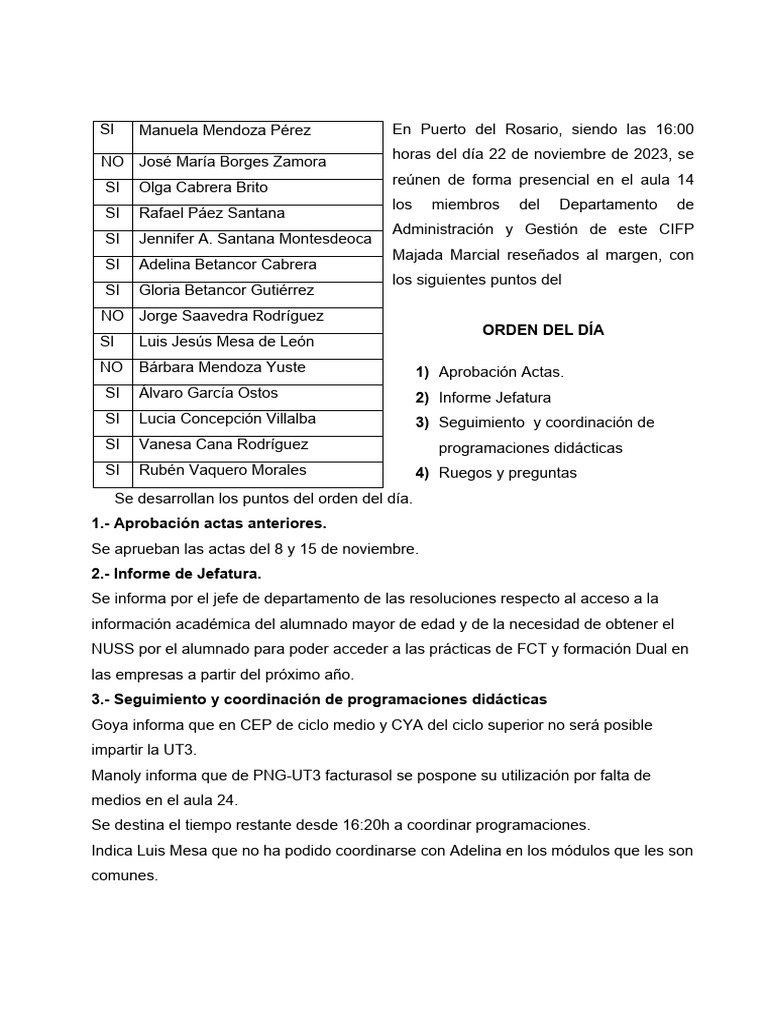 ACTA 22-11-23 Seguimiento Programaciones | PDF