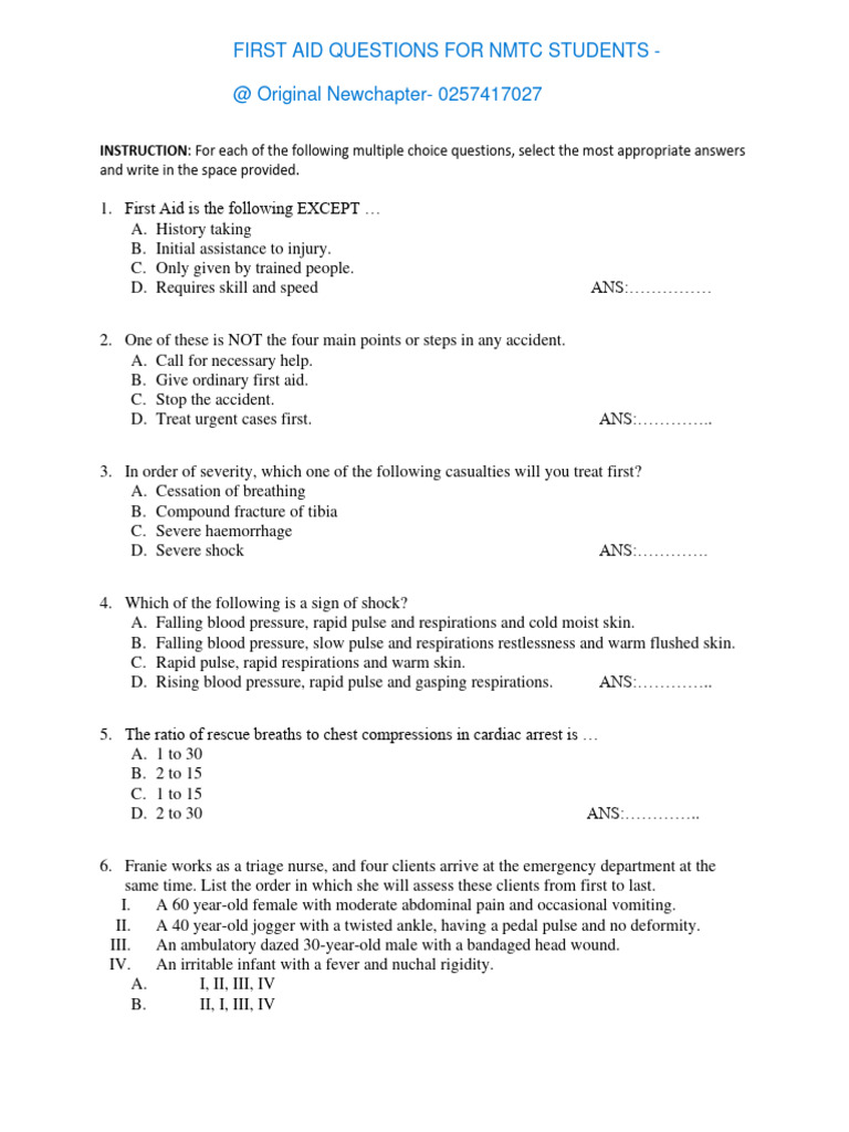 First Aid Questions and Answers PDF | PDF | Emergency Department ...