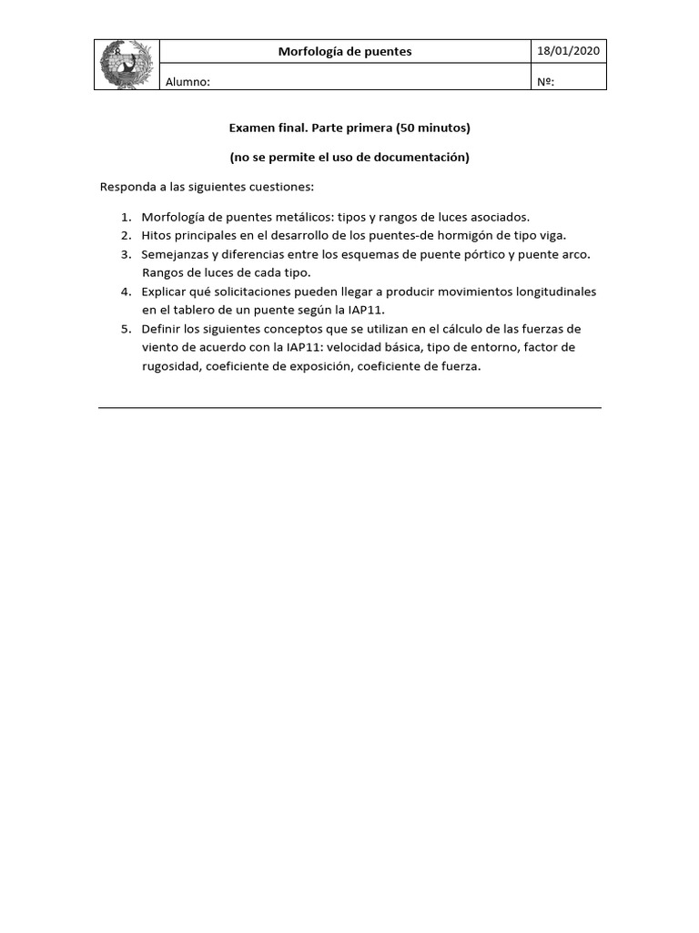 Examen Final Morfologia de Puentes 2019-20 | PDF | Puente | Viga ...