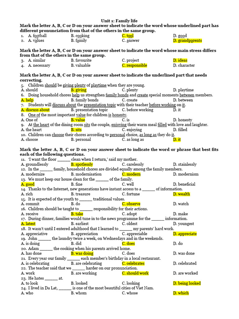 Unit 1 - Family Life - KEY | PDF | Elephant | Psychology