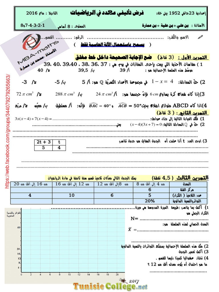 Devoir de Synthèse N°2 - Math - 8ème (2015-2016) MR Mohamed Ben Amara | PDF