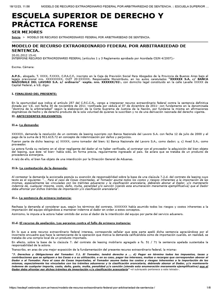 Modelo de Recurso Extraordinario Federal Por Arbitrariedad de Sentencia ... Modelo de Recurso Extraordinario Federal Por Arbitrariedad de Sentencia ...