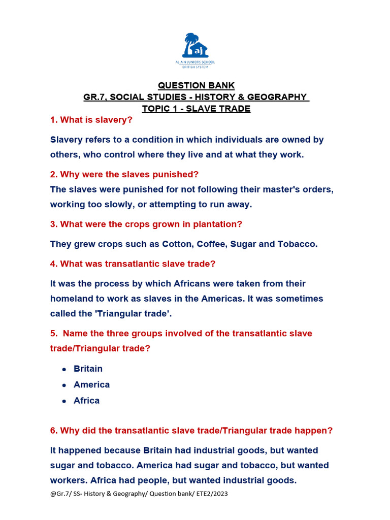Grade 7 Slave Trade Question Bank | PDF | Atlantic Slave Trade ...