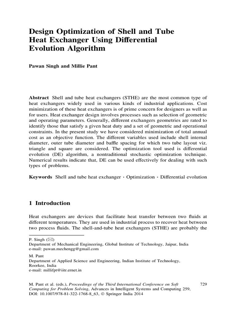Singh, 2013. Design Optimization of Shell and Tube Heat Exchanger Using Differential Evolution ...