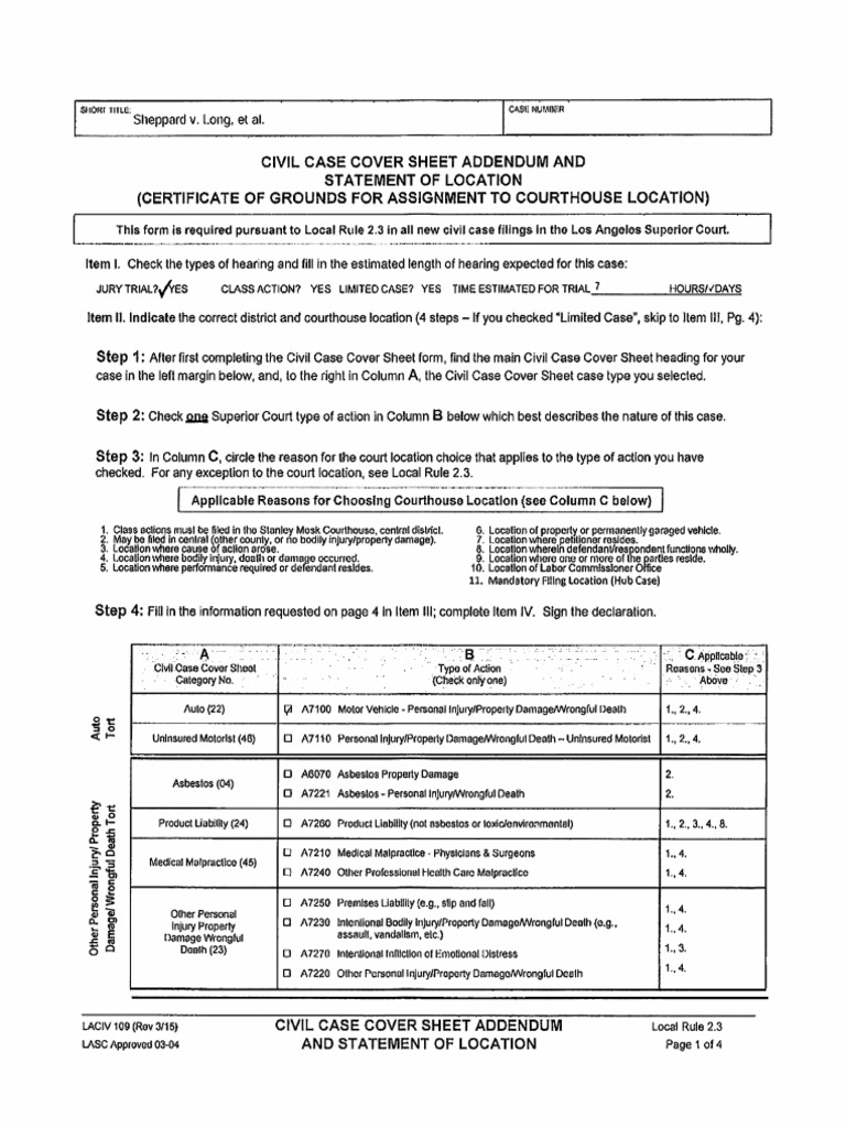 Civil Case Cover Sheet - Addendum | PDF