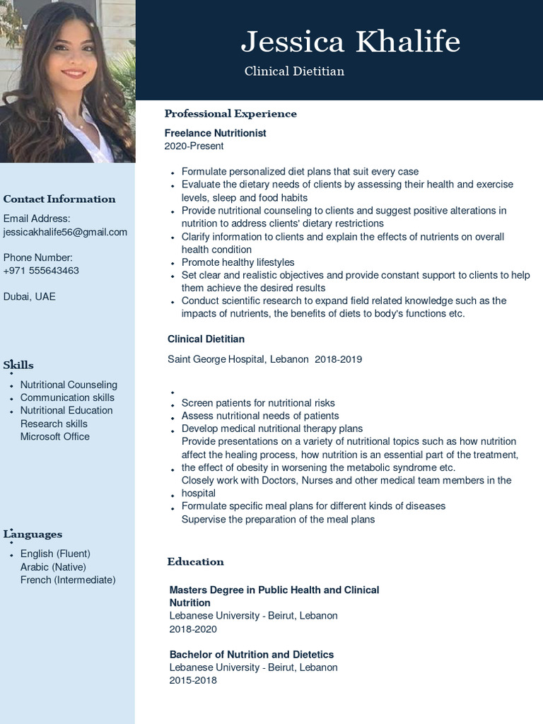 Jessica Khalife Resume (1) | PDF | Dietitian | Medicine