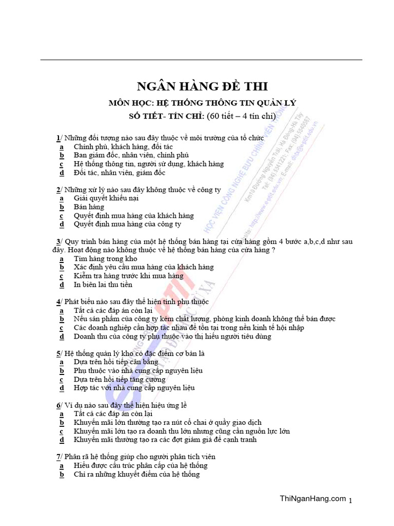 Ngan Hang de Thi Mon He Thong Thong Tin Quan Ly | PDF