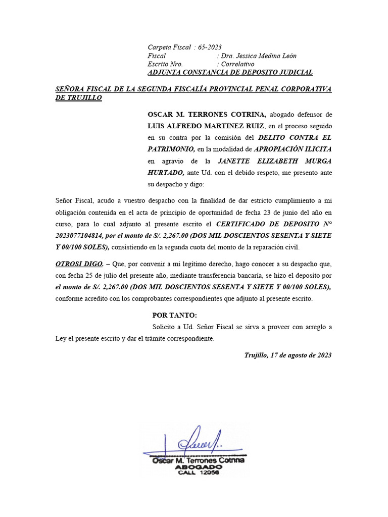 Adjunta Constancia de Deposito Judicial (65 - 2023) - Luis Martinez | PDF | Política | Ciencias ...