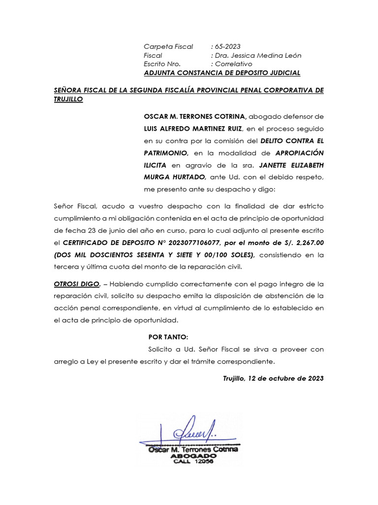 Adjunta Constancia de Deposito Judicial (65 - 2023) - Luis Martinez | PDF