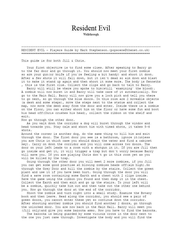 Resident Evil 1 Walkthrough | PDF | Elevator | Door