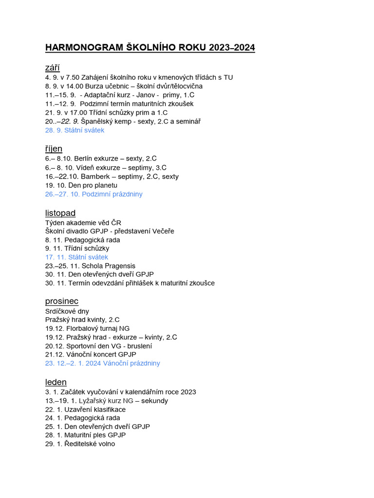 Harmonogram Skolniho Roku 2023 2024 | PDF