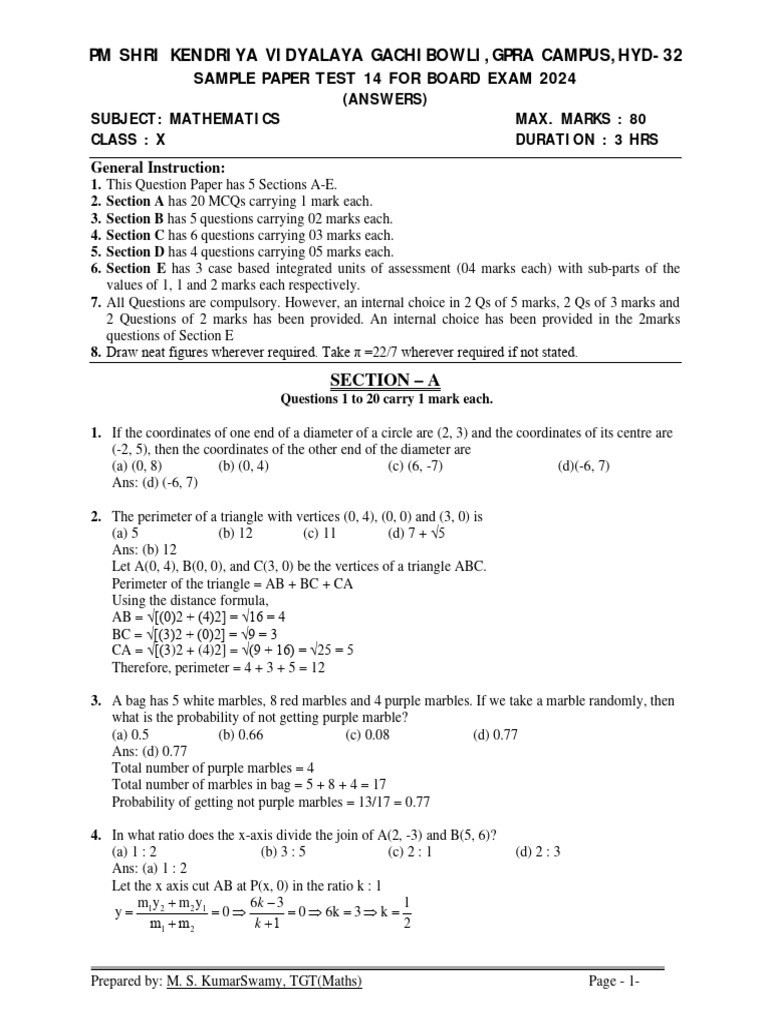 Maths Class X Sample Paper Test 14 For Board Exam 2024 Answers | PDF ...