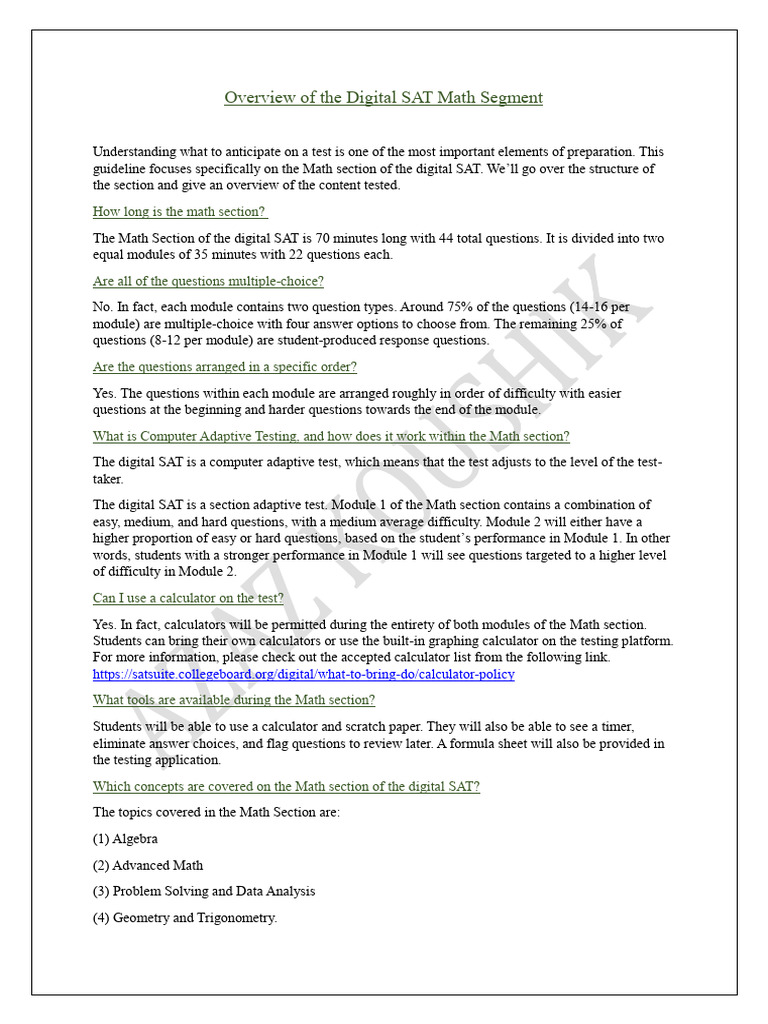 Overview of The Digital SAT Math Segment | PDF | Equations | Sat
