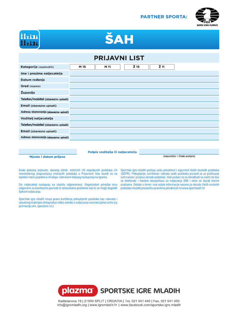 06 Šah Prijavni List Kor 13022022ž | PDF