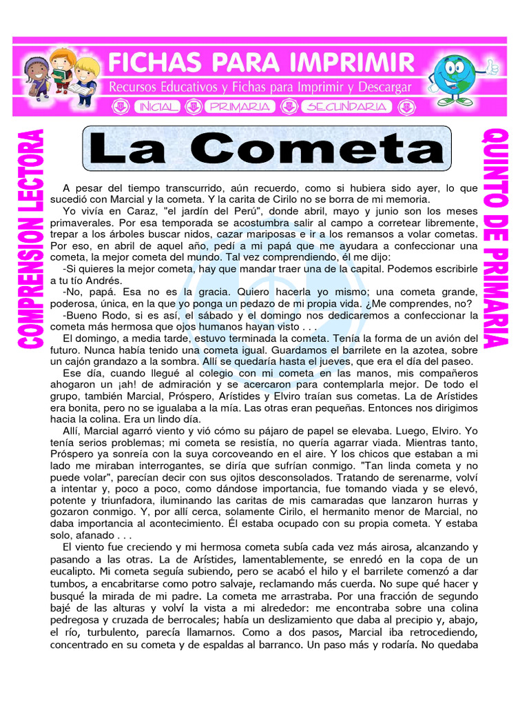 Ficha La Cometa para Quinto de Primaria | PDF
