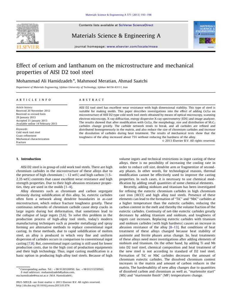 Effect of Cerium and Lanthanum On The Microstructurea ND Mechanical Properties of AISID 2 Tool ...