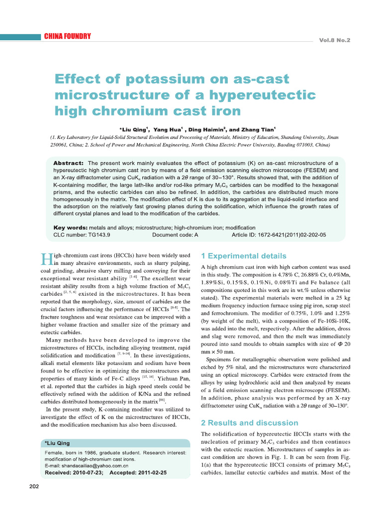 Effect of K On As Cast Microstructure of A Hypereutectic High Chromium Cast Iron | PDF