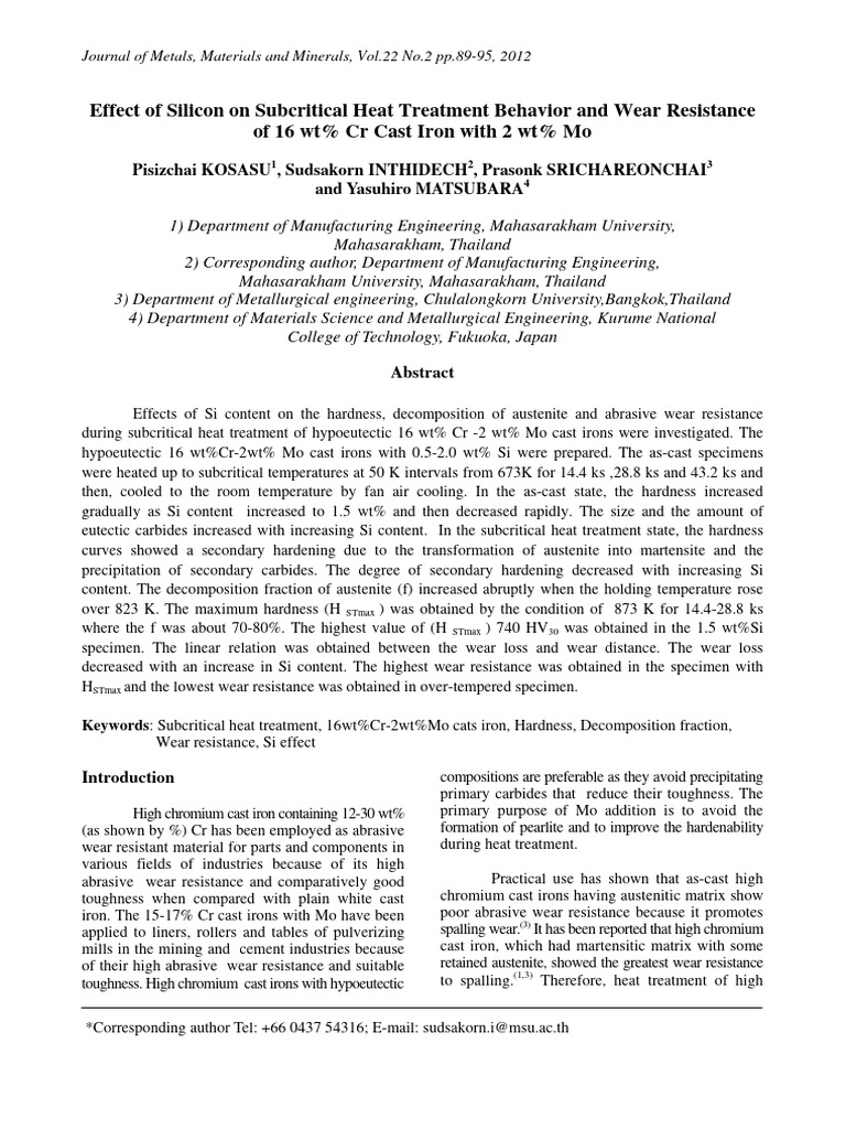 Effect of Silicon On Subcritical Heat Treatment Behavior and Wear Resistance | PDF | Heat ...