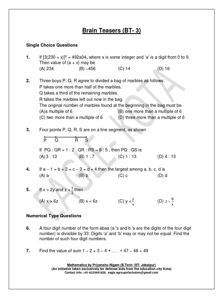 Maths Brain Challenger Questions | PDF