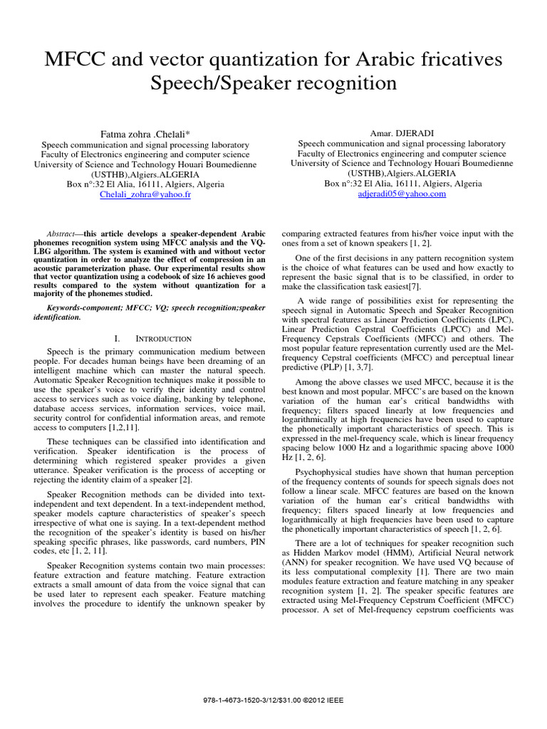 MFCC and Vector Quantization For Arabic Fricatives2012 | PDF | Computer Science ...