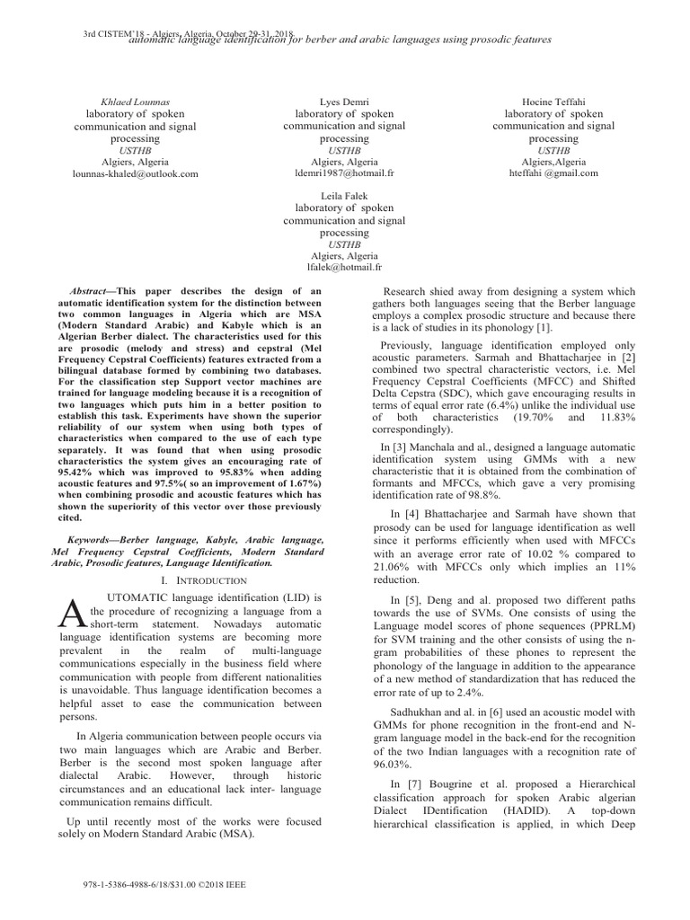 Automatic Language Identification For Berber and Arabic Languages Using Prosodic Features2018 ...