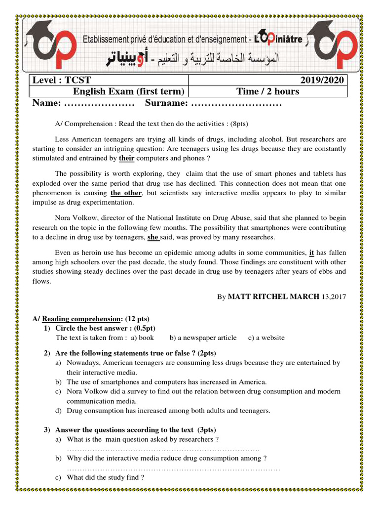 Dzexams 1as Anglais 615661 | PDF | Grammar | Syntax