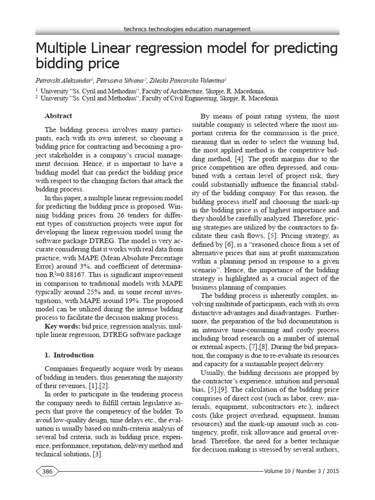 Multiple Linear Regression Model For Predicting Bidding Price | Download Free PDF | Regression ...