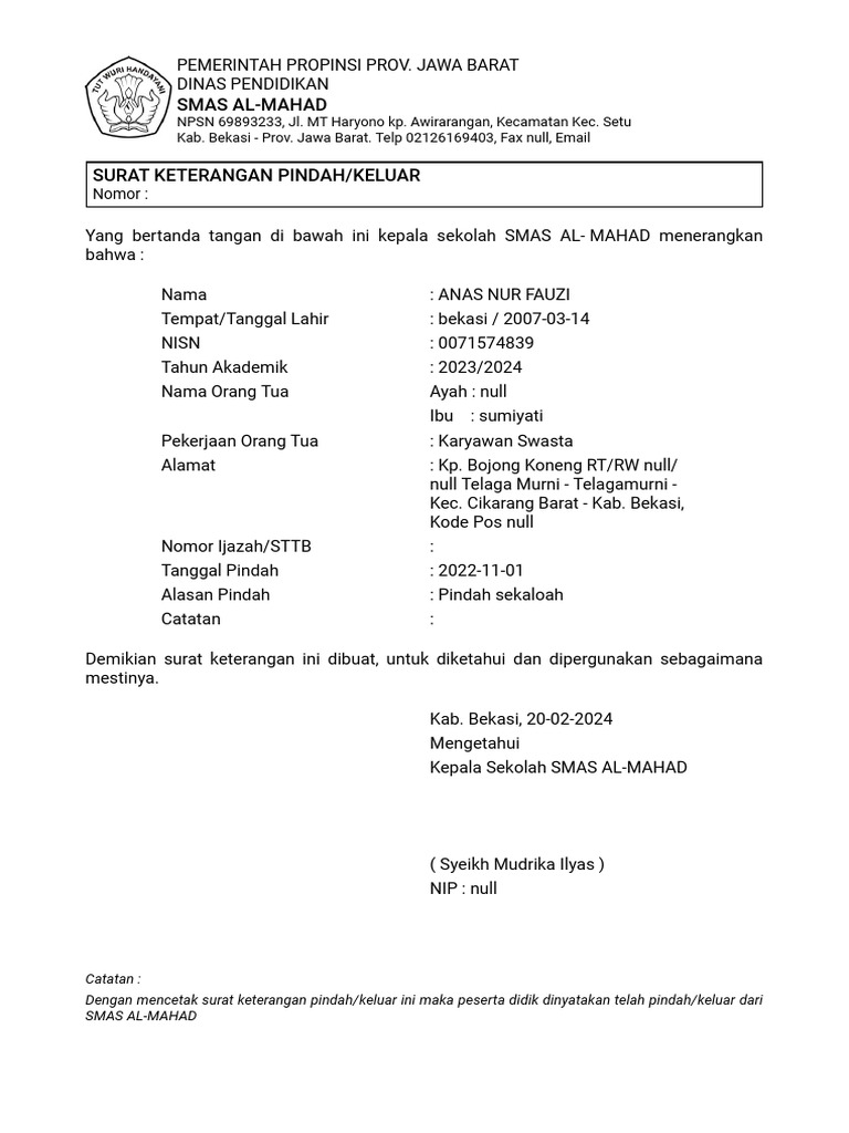 Surat Keluar - Anas Nur Fauzi (Kelas 11) | PDF