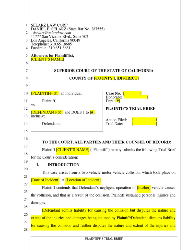 Plaintiff S Trial Brief Sample | PDF | Negligence | Mail
