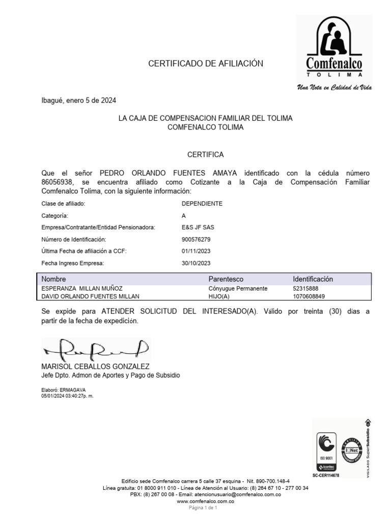 Certificado Comfenalco A | PDF