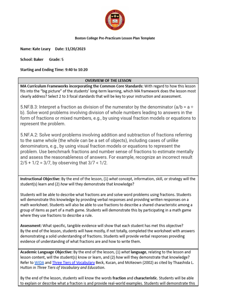 Boston College Pre-Practicum Lesson Plan Template: Three Tiers of ...
