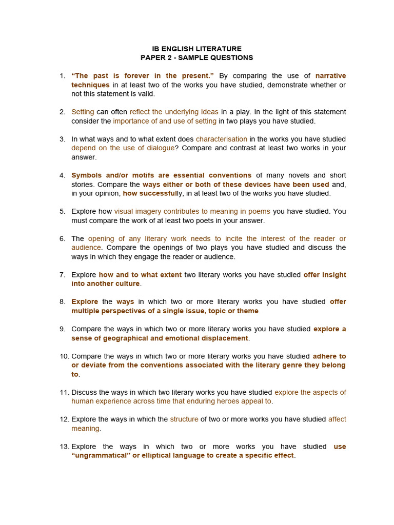 IB English Literature - Paper 2 Sample Questions Bank | PDF | English ...