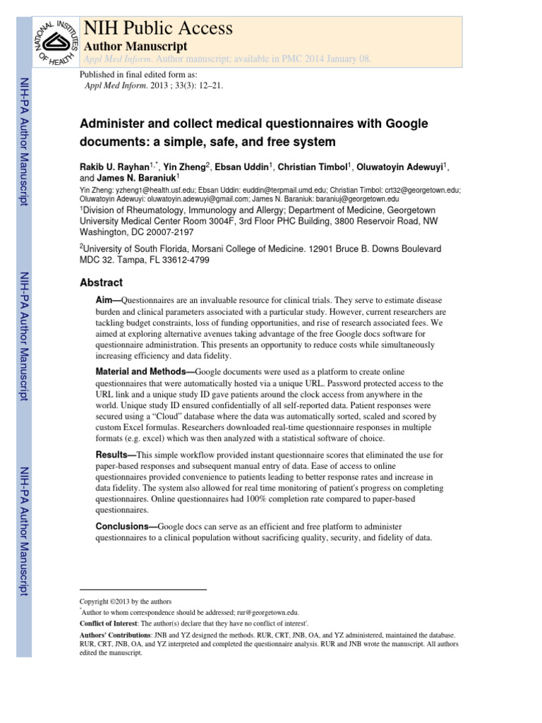 Administer and Collect Medical Questionnaires With Google Documents: A ...