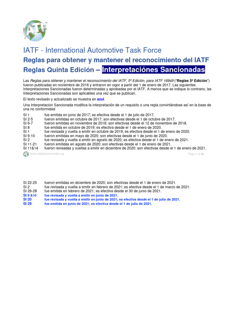 IATF Rules 5th Edition Sanctioned Interpretations June 2021 Es | PDF ...
