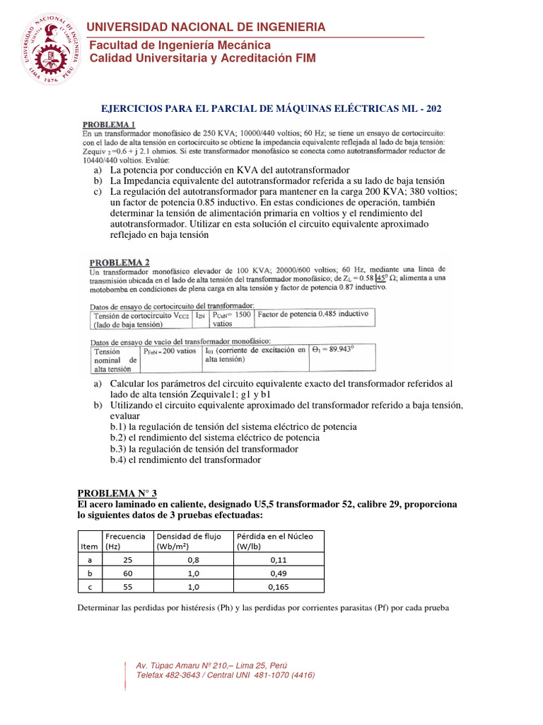 Ejercicios Examen Parcial | PDF | Transformador | Energia electrica